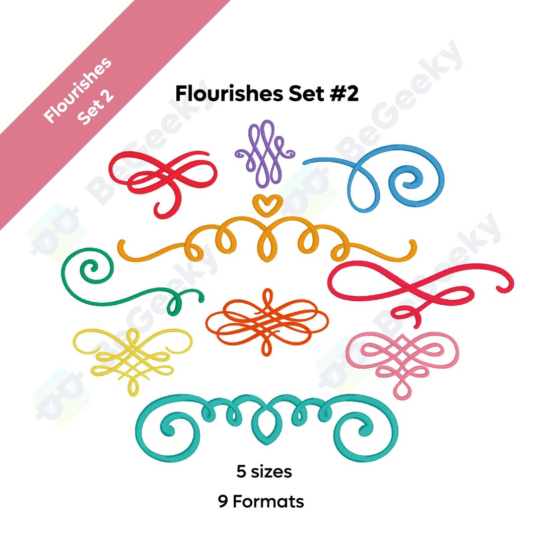 PES SET #2 Flourishes Accents and Curly Swirly Digital Machine Embroidery | 5 Sizes | Set of 10 ...
