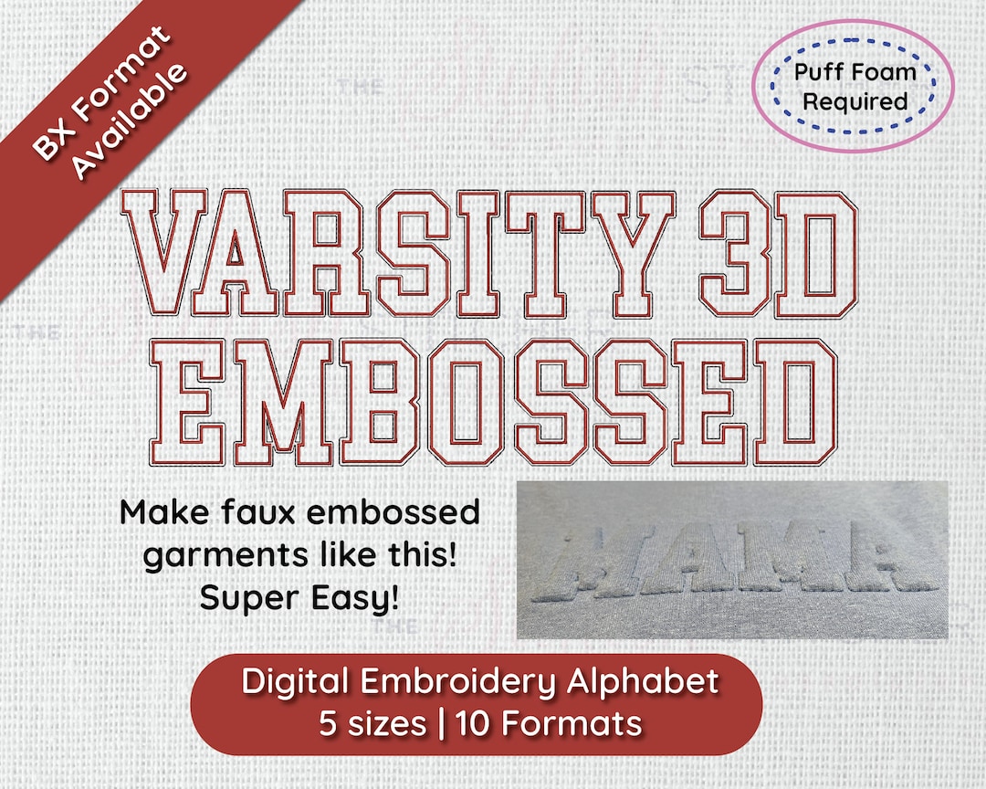 3D Varsity Embossed Digital Embroidery Machine Font Alphabet 5 Sizes ...