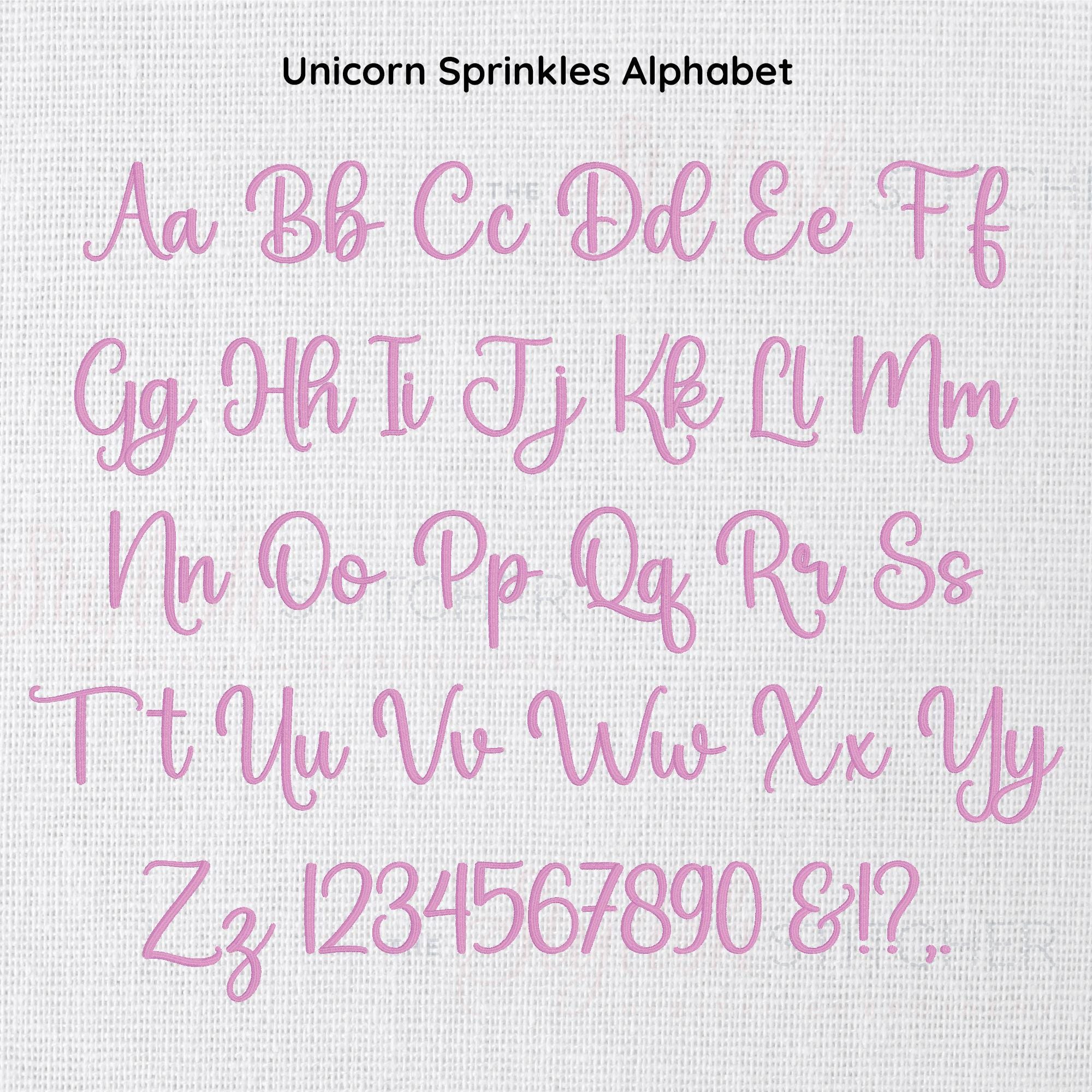 Unicorn Sprinkles Cursive Script Embroidery Font; 6 Sizes, Instant ...