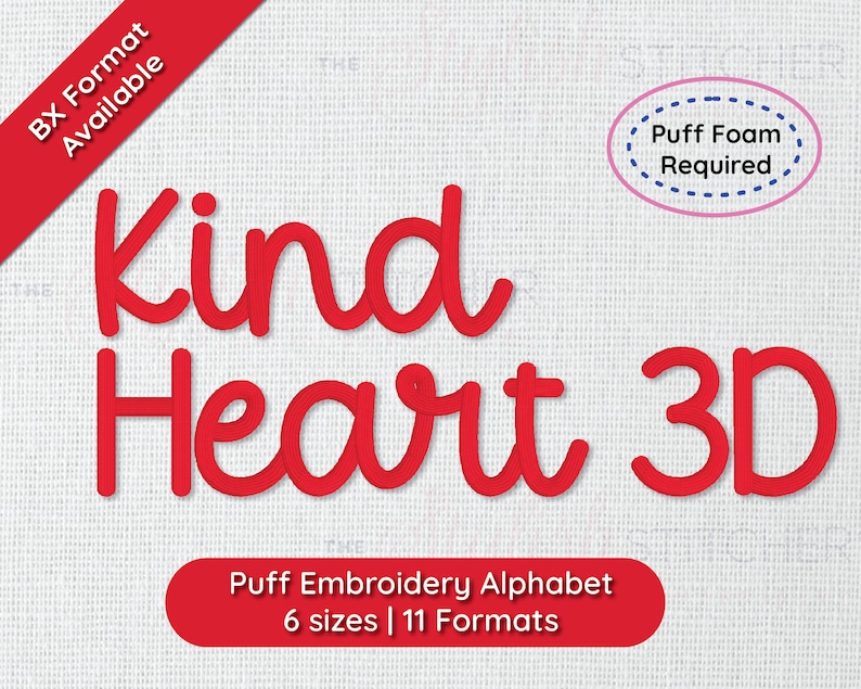 Kind Heart 3D Puff Cursive Script Embroidery Font; 6 Sizes, Instant ...