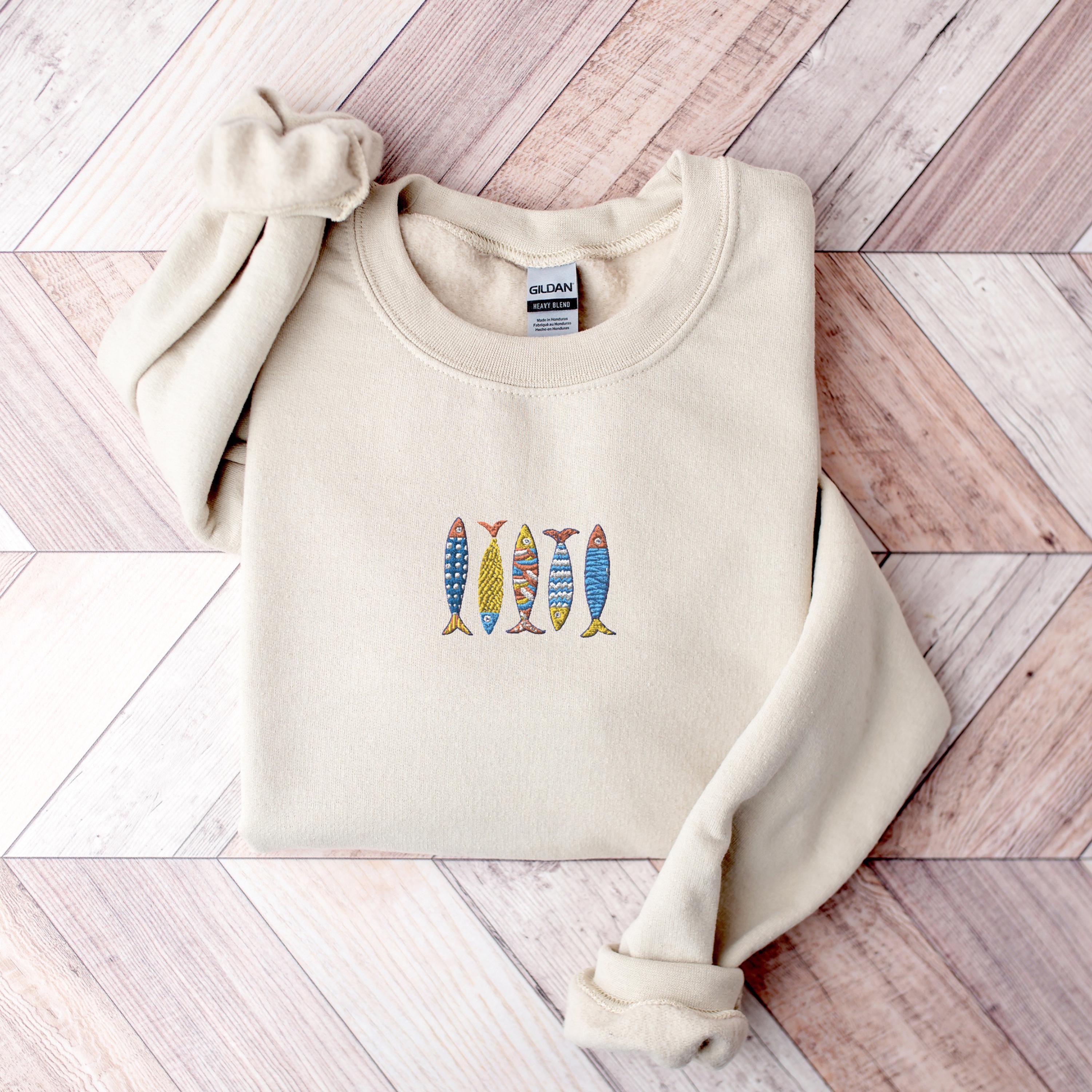 Embroidered Sardine Sweatshirt, Fish Crewneck, Vintage Sardine Coastal ...