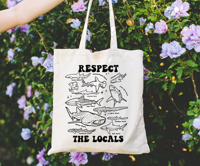 Respect the Local 100% Cotton Bag, Shark Tote for Shark Lovers, VSCO ...