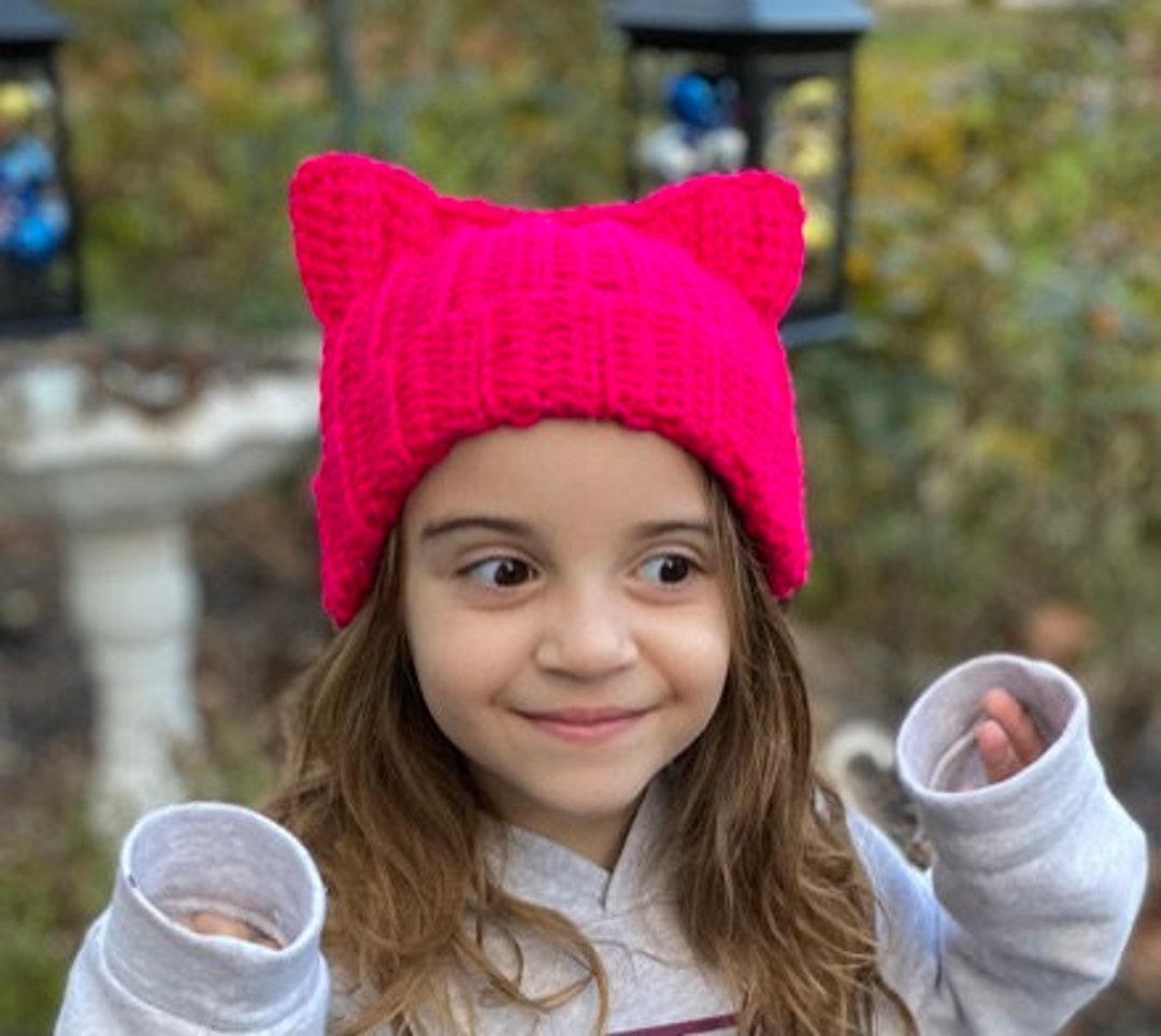 Sparkly Pink Crochet Cat Ear Beanie, Girls Cat Hat, Child Size Handmade ...