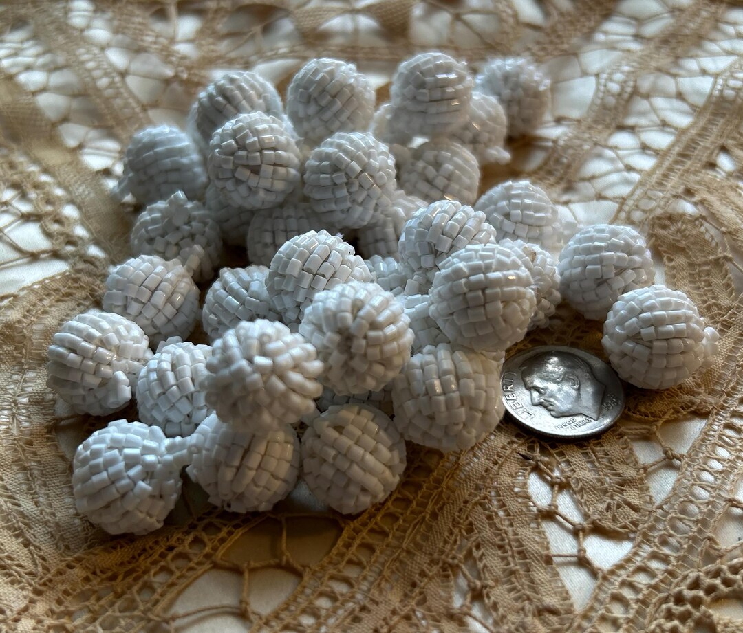 Set of 24 ~ Vintage NOS White Bugle Bead Glass Buttons ~ Drop ~ Bobbles ...