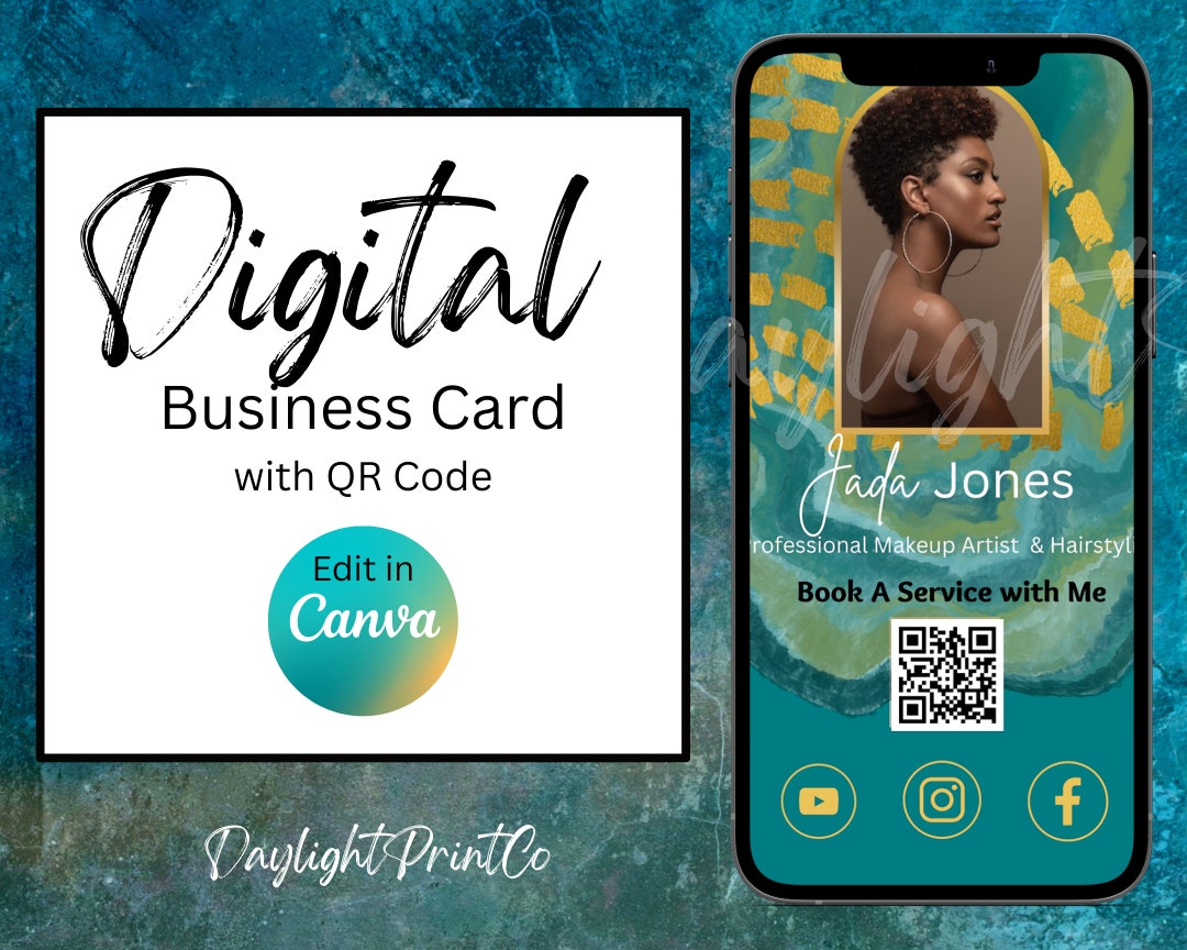 Digital Business Card Template With QR Code, Green and Gold, Canva ...