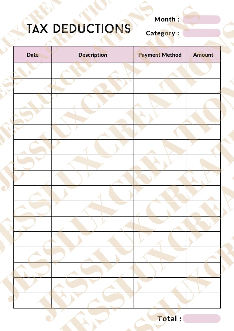 Tax Deduction Tracker, Printable Tax Deduction Log, Business Tax Log ...