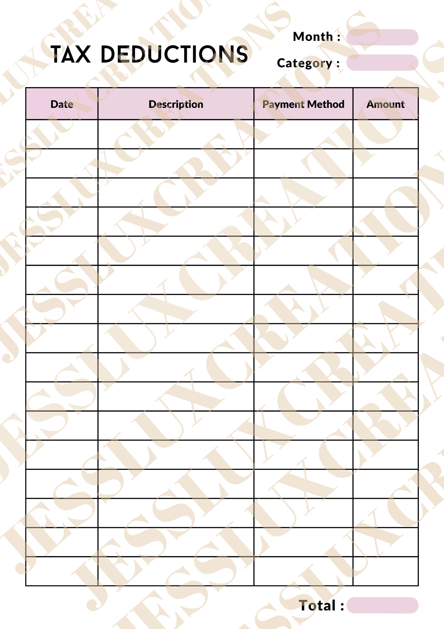 Tax Deduction Tracker, Printable Tax Deduction Log, Business Tax Log ...