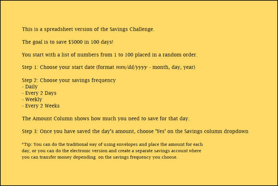 Savings Challenge Excel Worksheet - Etsy