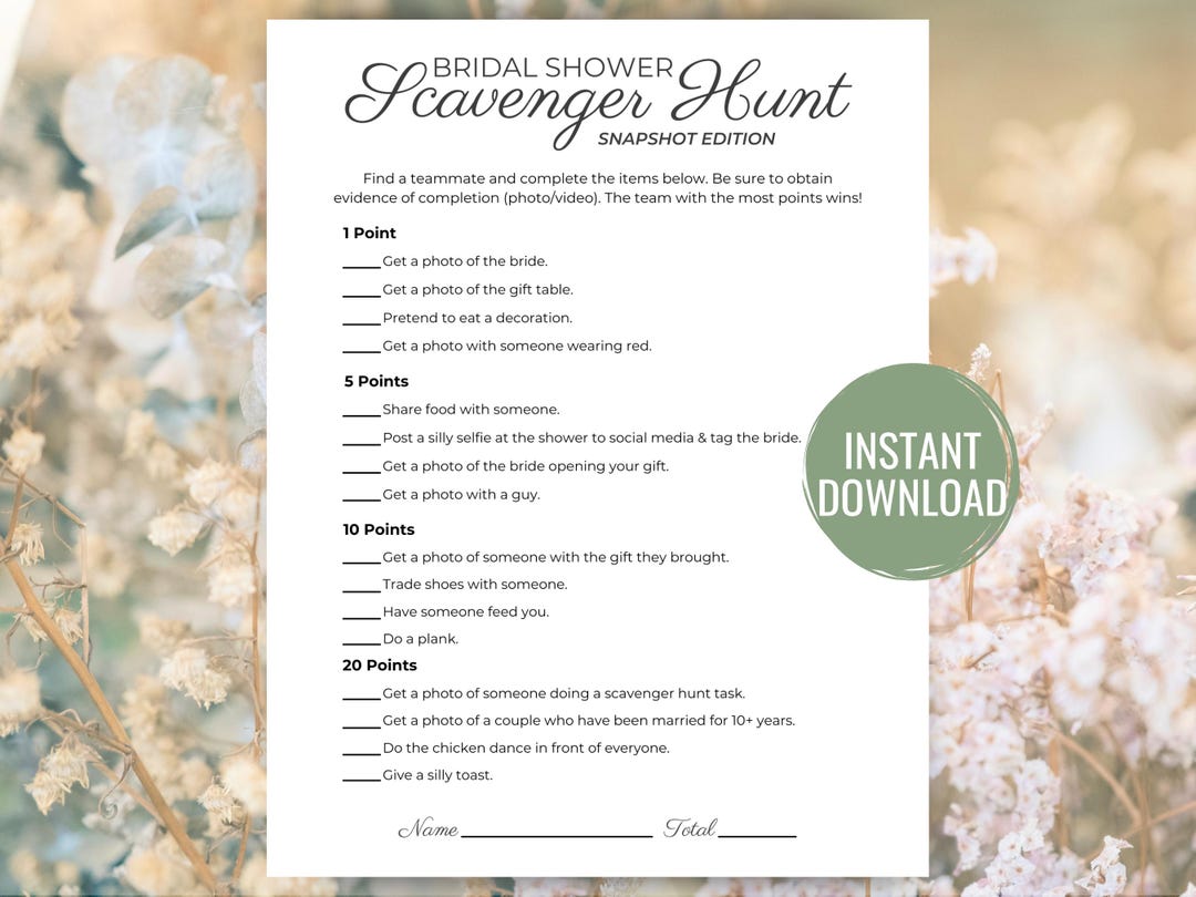 Bridal Shower Scavenger Hunt Snapshot Edition Fun Bridal Shower Game ...