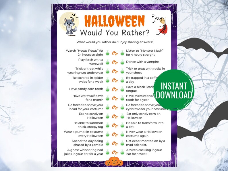 Would You Rather Fun Halloween Party Game for Adults and Kids Printable ...