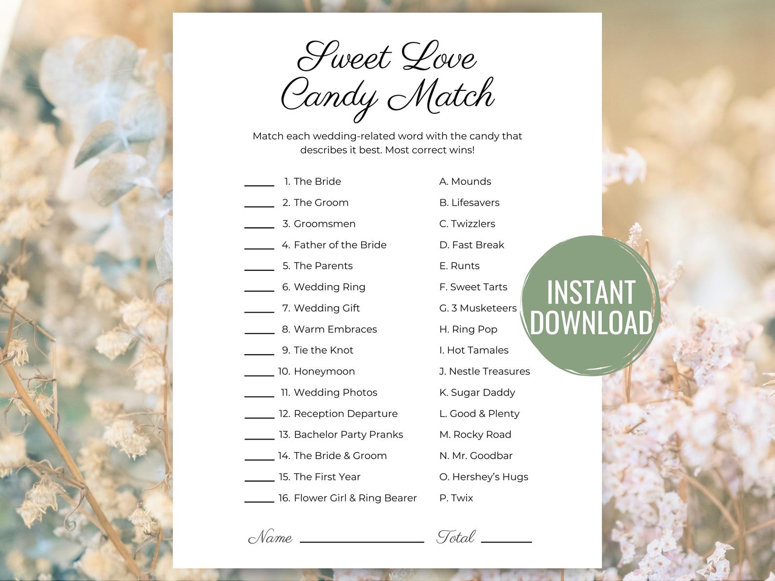 Sweet Love Candy Match Game Fun Bridal Shower Game Printable Minimalist ...