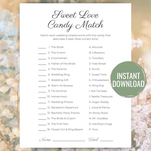 Sweet Love Candy Match Game Fun Bridal Shower Game Printable Minimalist ...