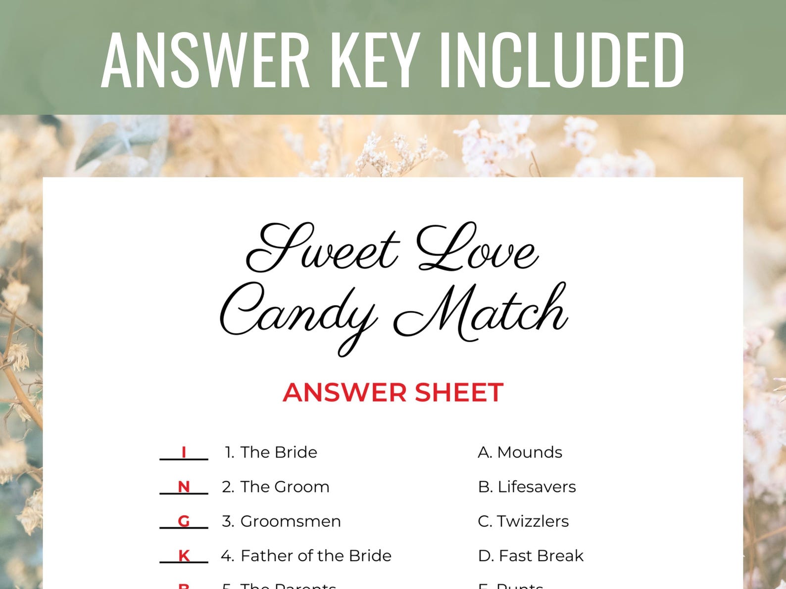 Sweet Love Candy Match Bridal Shower Game (printable, Instant Download ...
