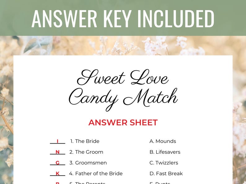 Sweet Love Candy Match Game Fun Bridal Shower Game Printable Minimalist ...