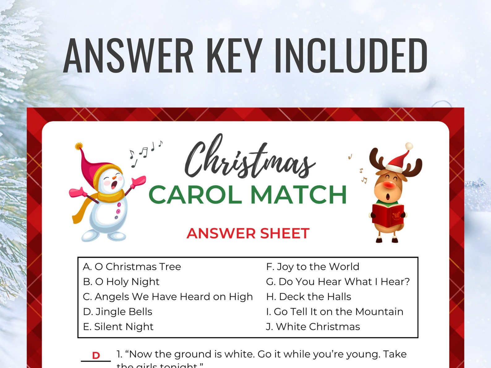 Christmas Carol Match Game | Printable Holiday Party Activity (digital ...