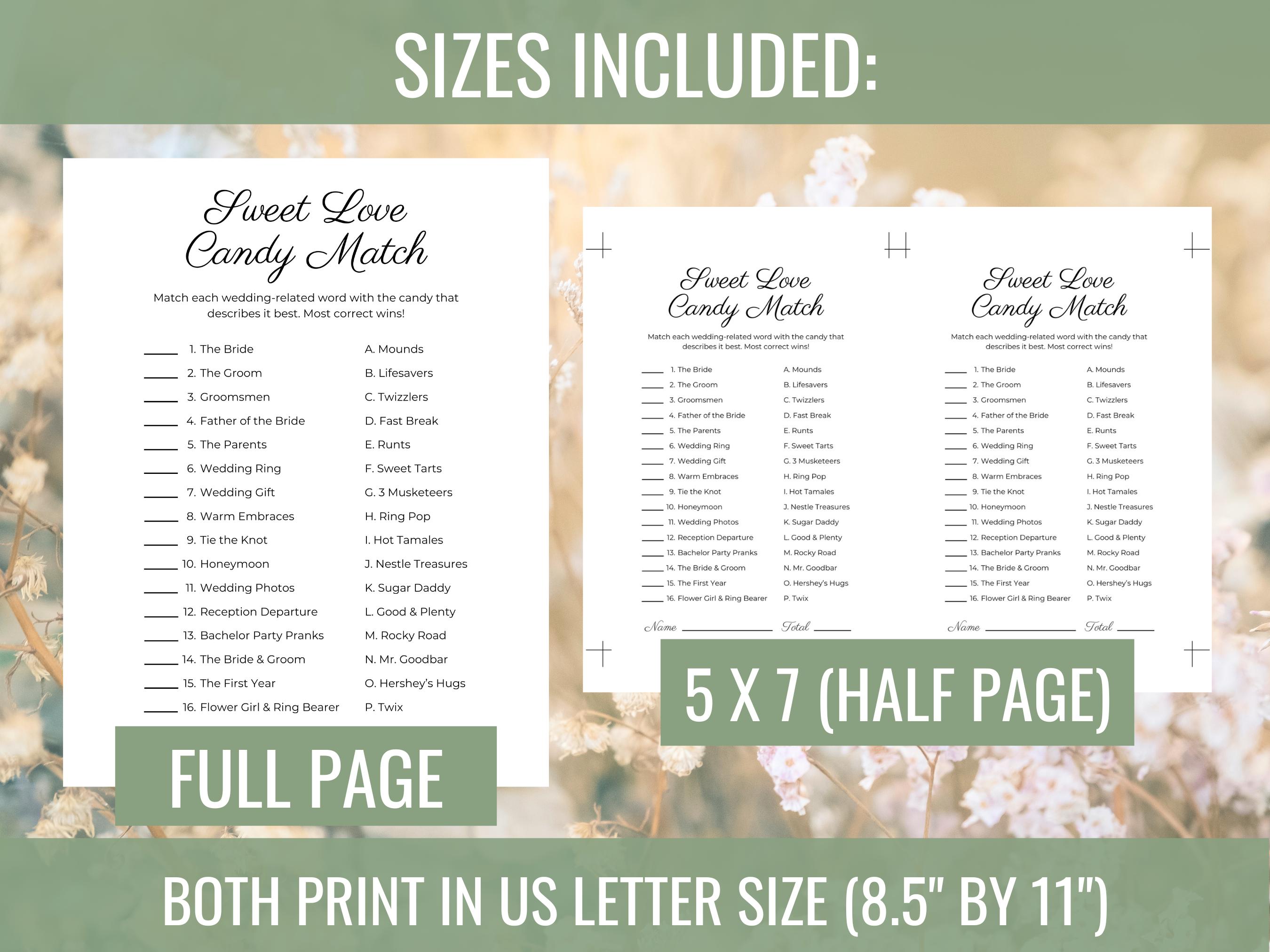 Sweet Love Candy Match Bridal Shower Game (printable, Instant Download ...