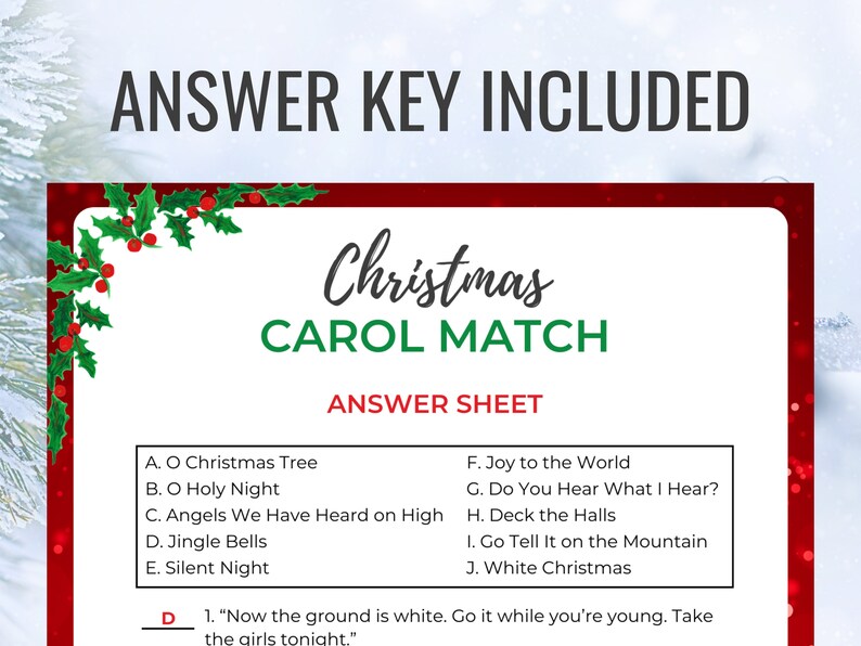 Christmas Carol Match Game Printable Christmas Game Christmas Activity ...