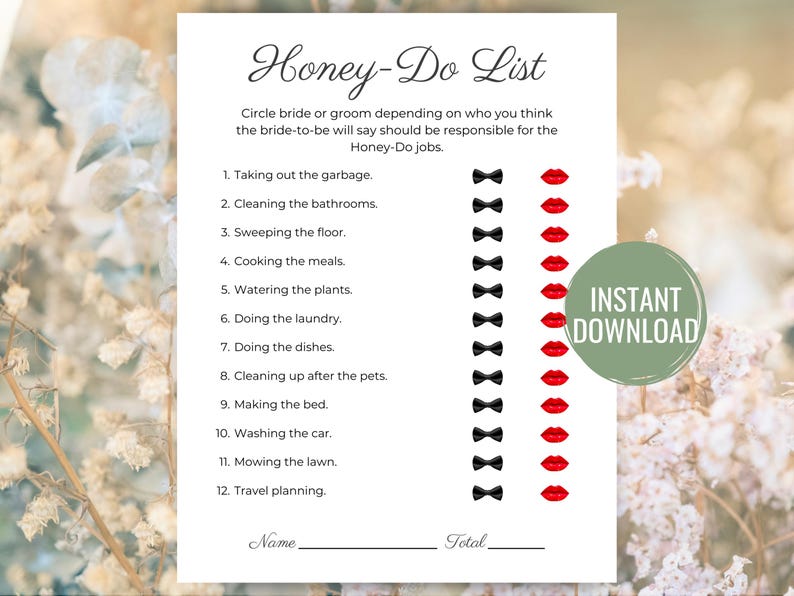 Honey Do List Fun Bridal Shower Game Printable Minimalist Wedding ...