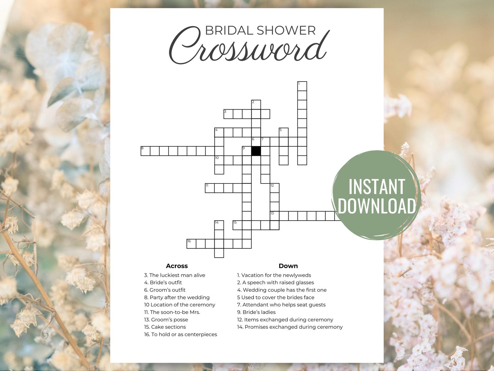 Bridal Shower Crossword Puzzle Wedding Crossword Puzzle Printable ...