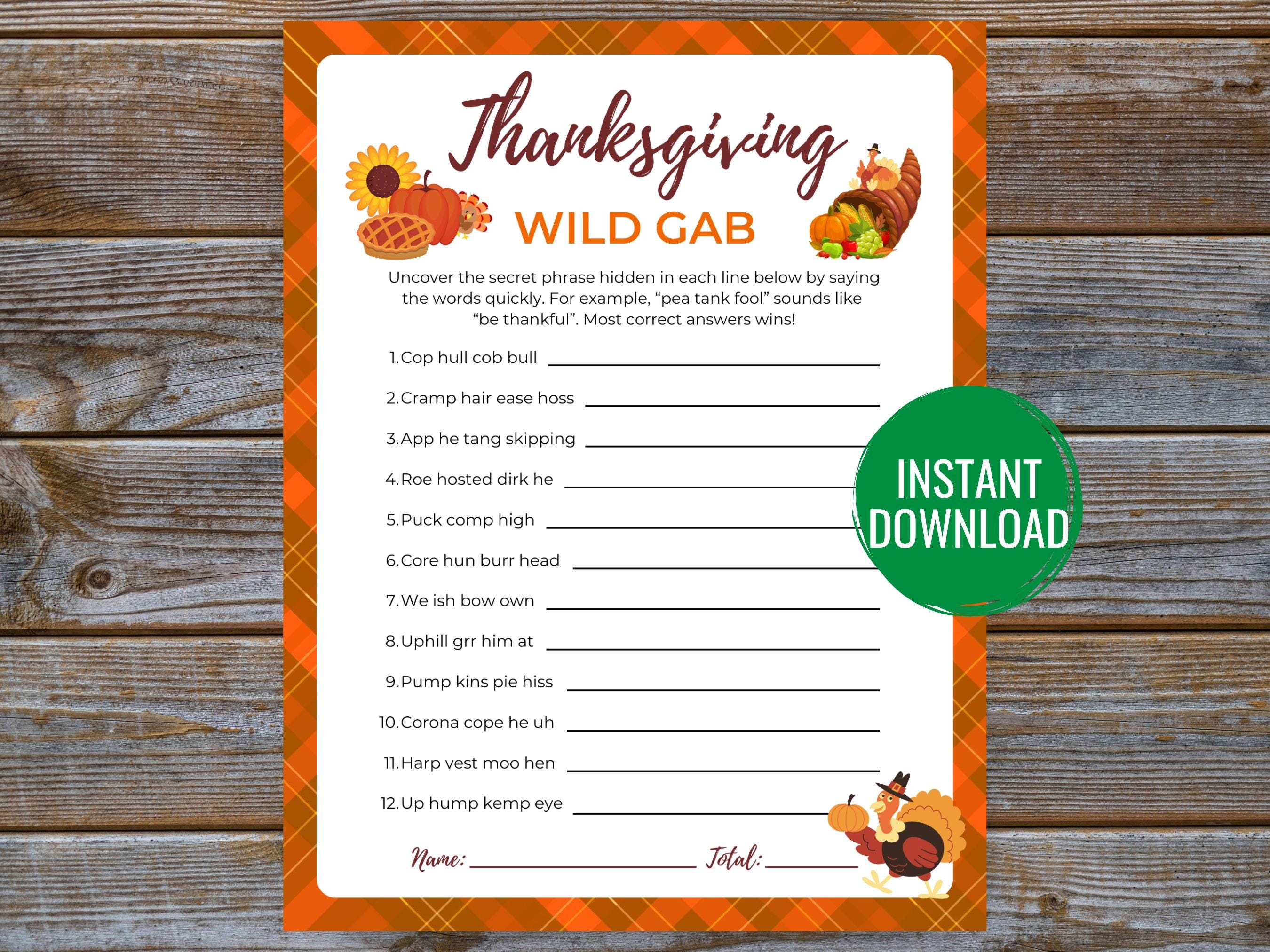 Wild Gab Game Fun Printable Thanksgiving Family Games for Thanksgiving ...