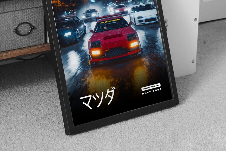 Mazda RX-7 FC Poster | Retro JDM Night Scene Print | Japanese Car Art ...