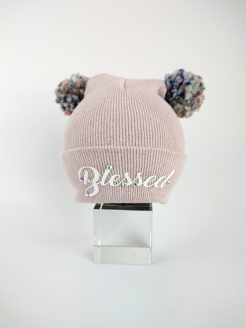 NEWBORN Blessed Lavendar Double Pompom Beanie With Rhinestones - Etsy