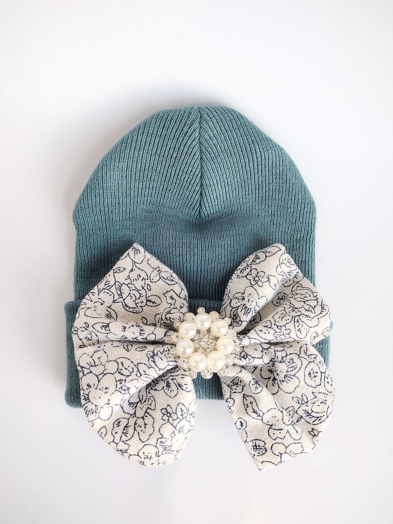 Dark Teal NEWBORN Beanie With Farmhouse Style Bow and Pearl ...