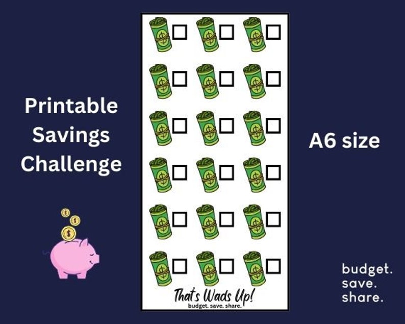 That's Wads Up Savings Challenge Roll and Save Printable PDF A6 Cash ...