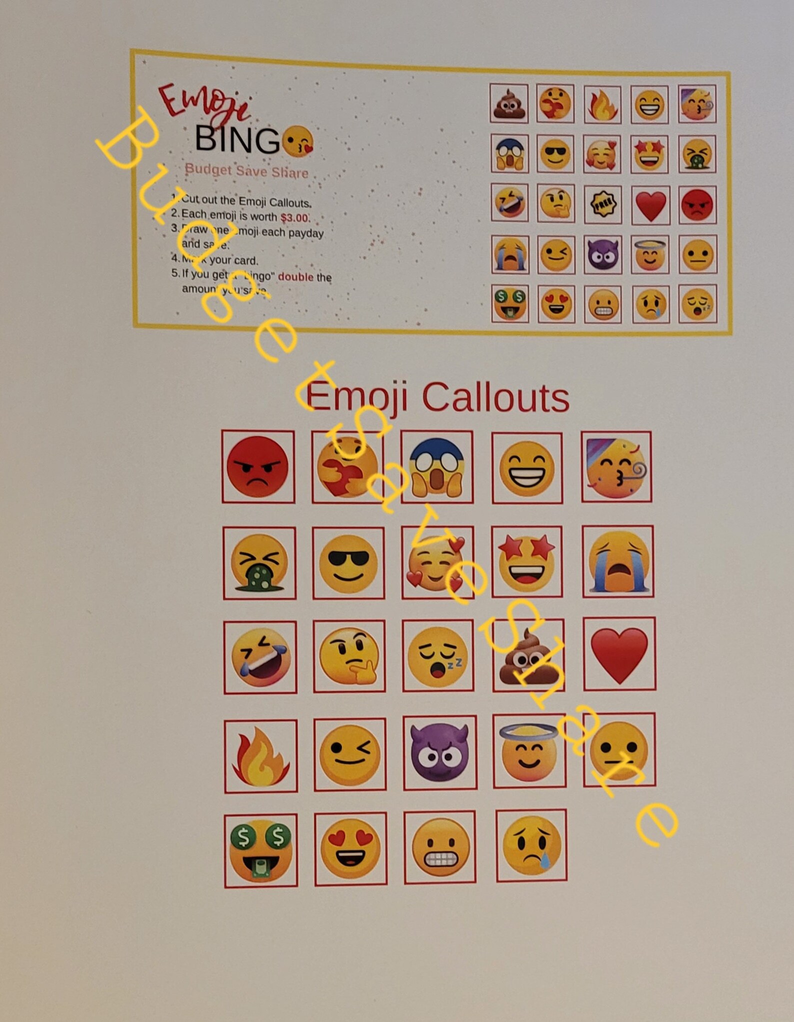 Emoji Bingo Savings Challenge Printable PDF A6 Cash Envelope Insert ...