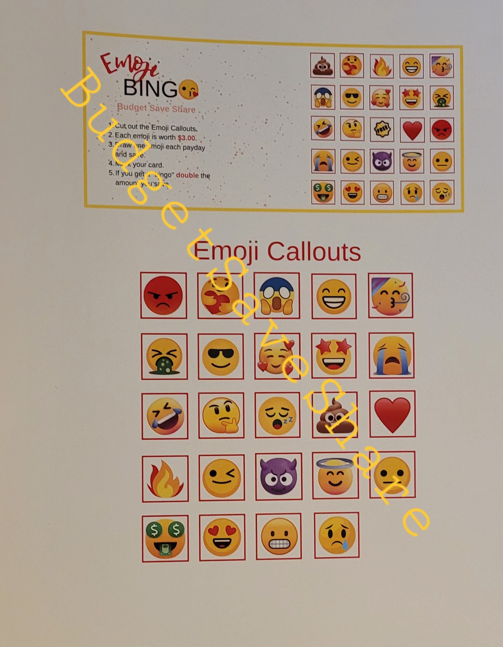 Emoji Bingo Savings Challenge Printable PDF A6 Cash Envelope Insert ...