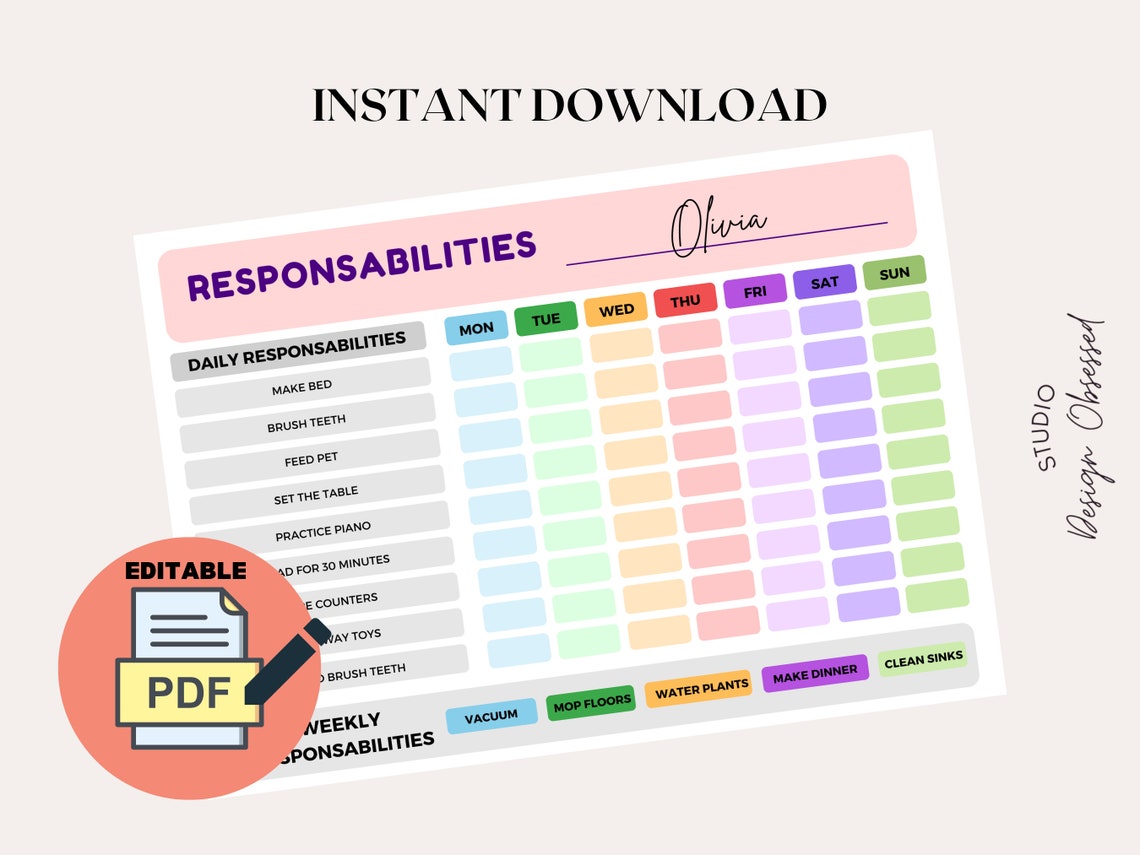 Printable Editable Responsibility Chore Chart for Kids | Daily Weekly ...