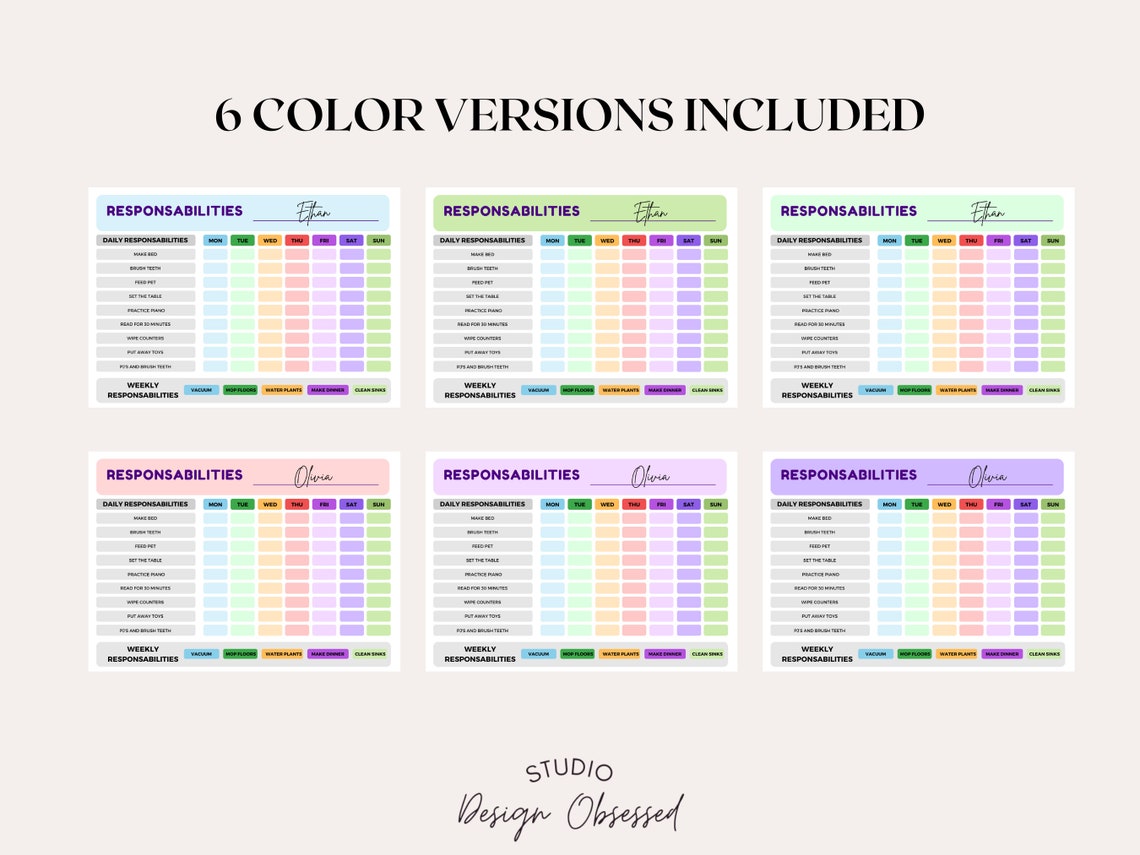 Printable Editable Responsibility Chore Chart for Kids | Daily Weekly ...