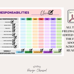 Printable Editable Responsibility Chore Chart for Kids | Daily Weekly ...
