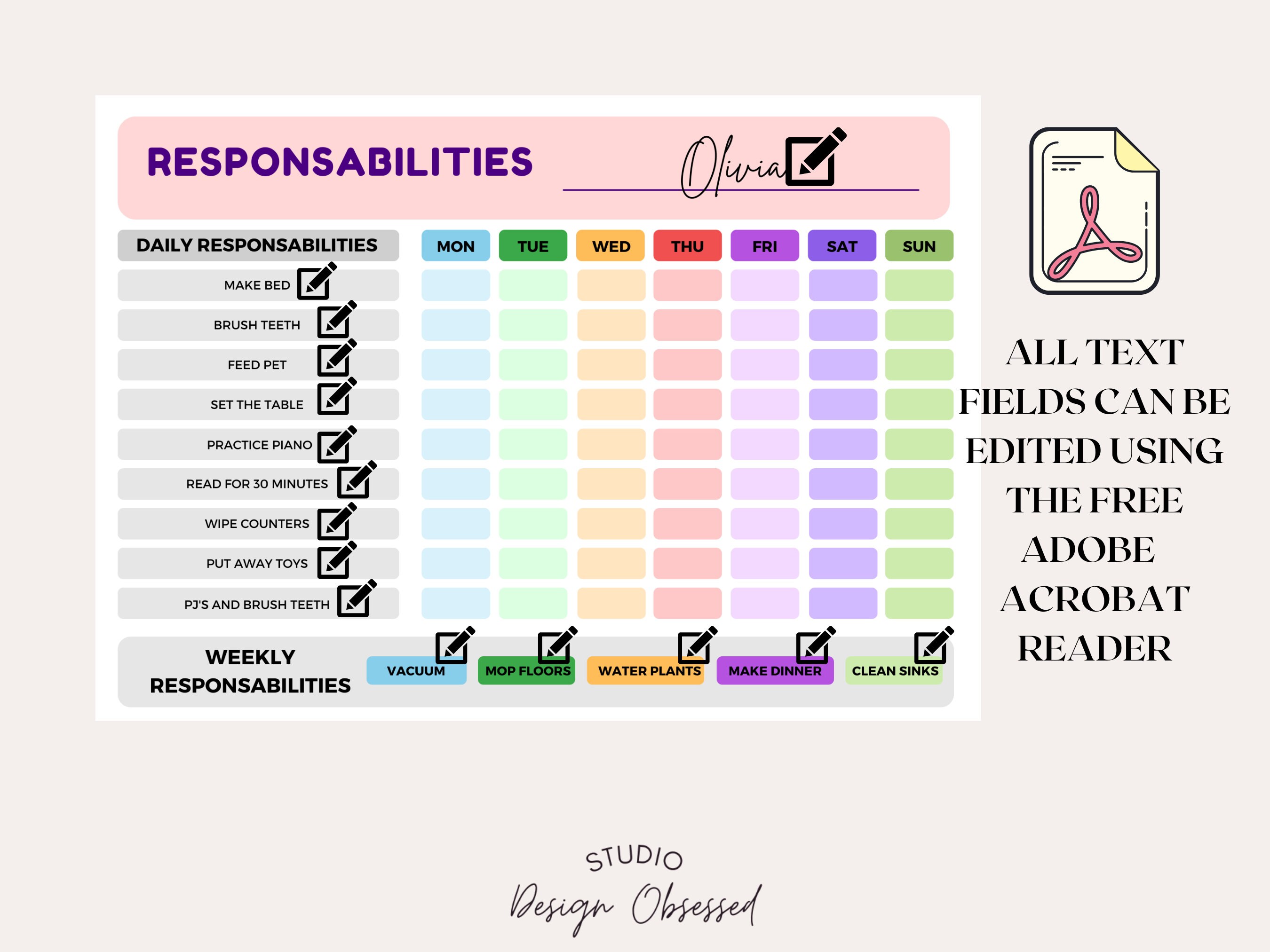 Printable Editable Responsibility Chore Chart for Kids | Daily Weekly ...