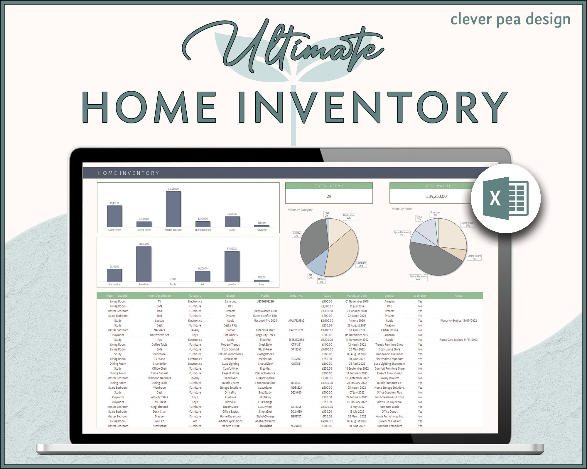 Home Inventory Spreadsheet Excel Template - Etsy
