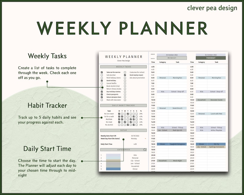 Weekly Planner Google Sheets Template | Digital Planner | Daily Task ...