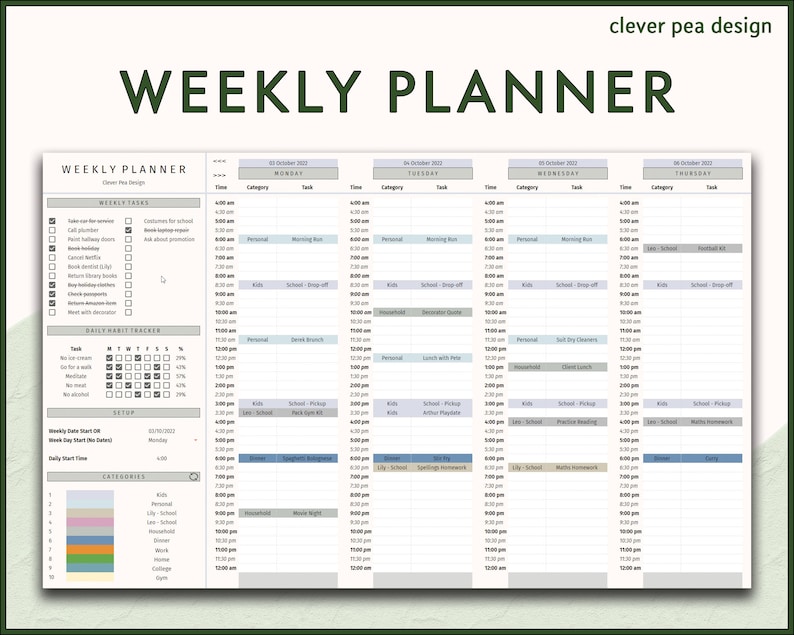 Weekly Planner Google Sheets Template | Digital Planner | Daily Task ...