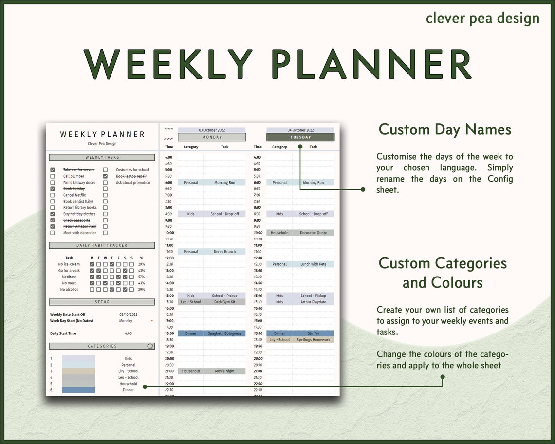 Weekly Planner Google Sheets Template Digital Planner - Etsy