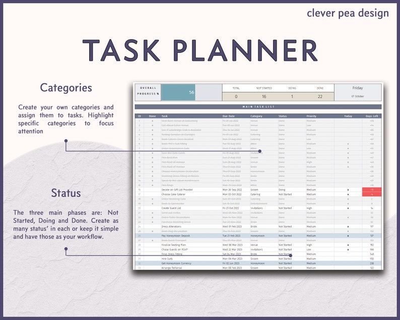 Task Planner Excel Template | Digital Planner | Digital Smart Task List ...