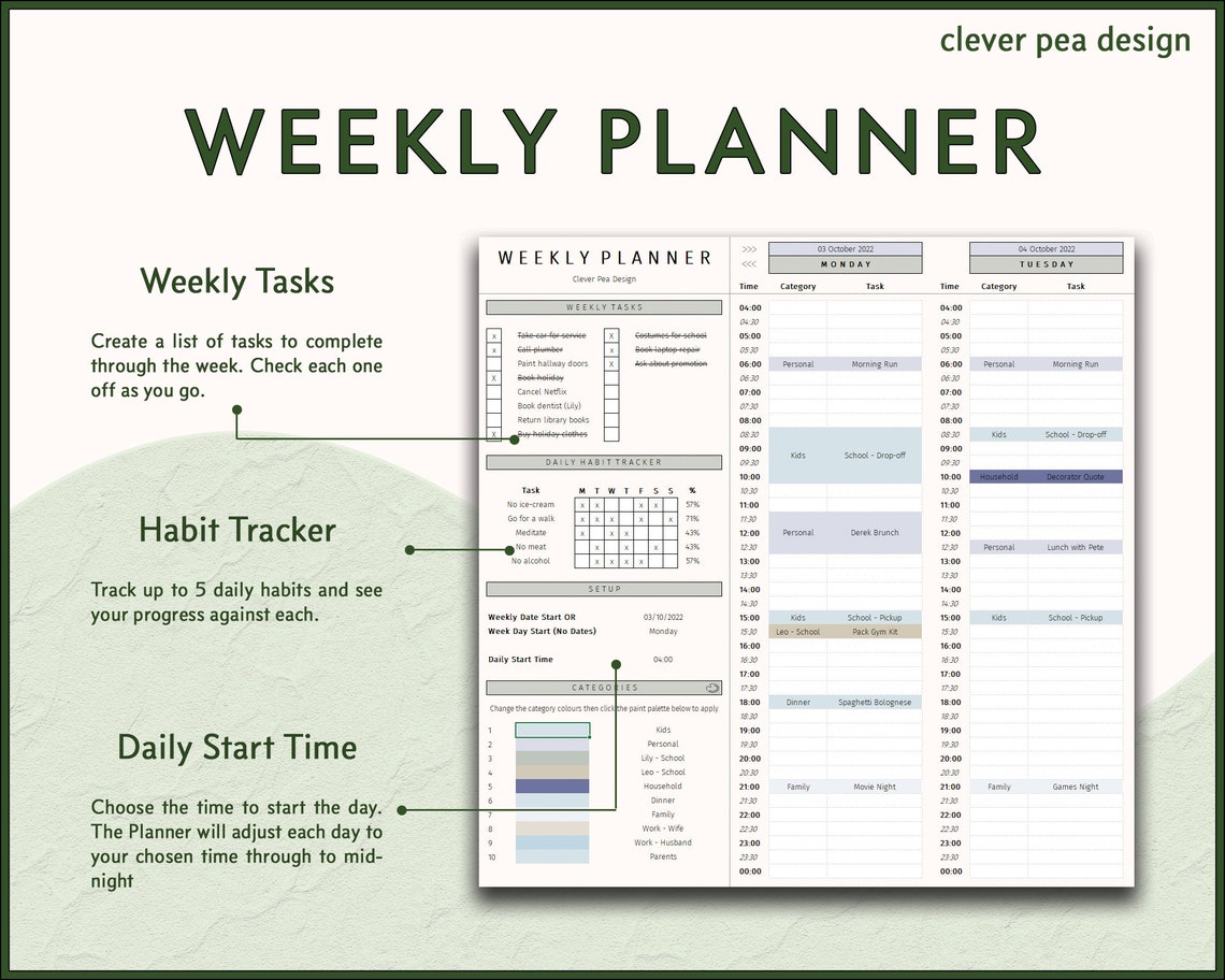 Weekly Planner Excel Template: Customizable Task Schedule (digital ...
