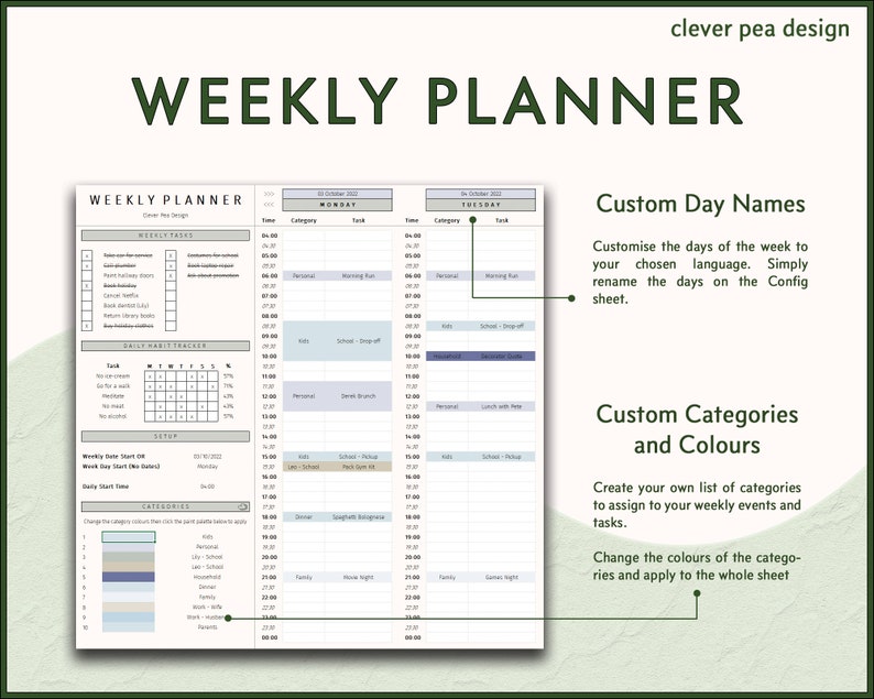 Weekly Planner Excel Template: Customizable Task Schedule (digital ...