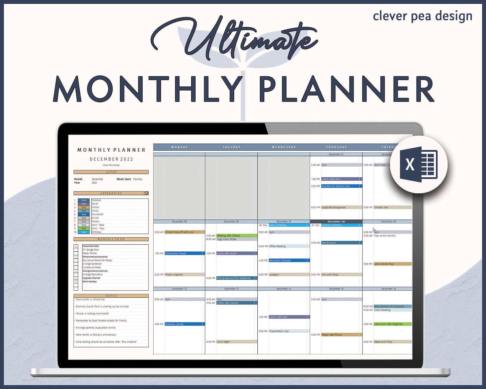 Monthly Planner Excel Template: Customizable Task Schedule (XLSX & PDF ...