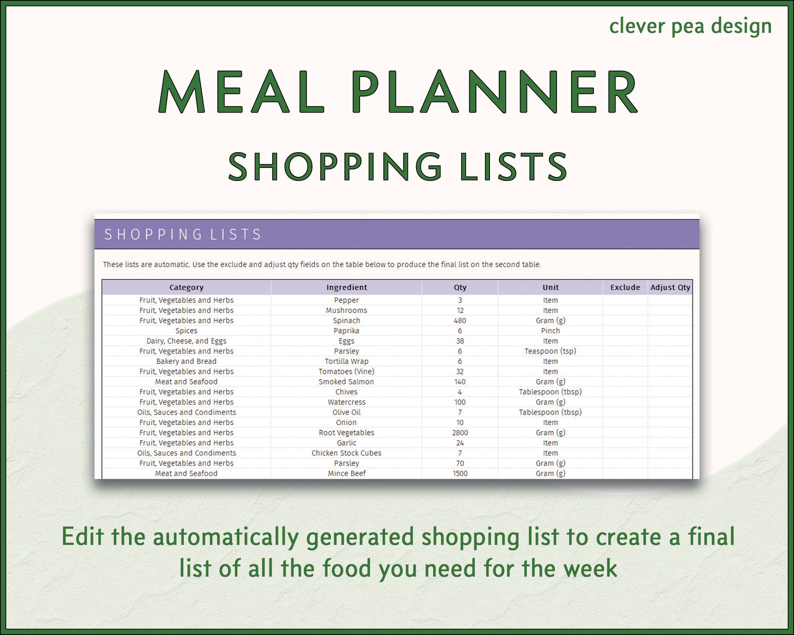 Weekly Meal Planner Excel Spreadsheet Recipes And Automatic Shopping