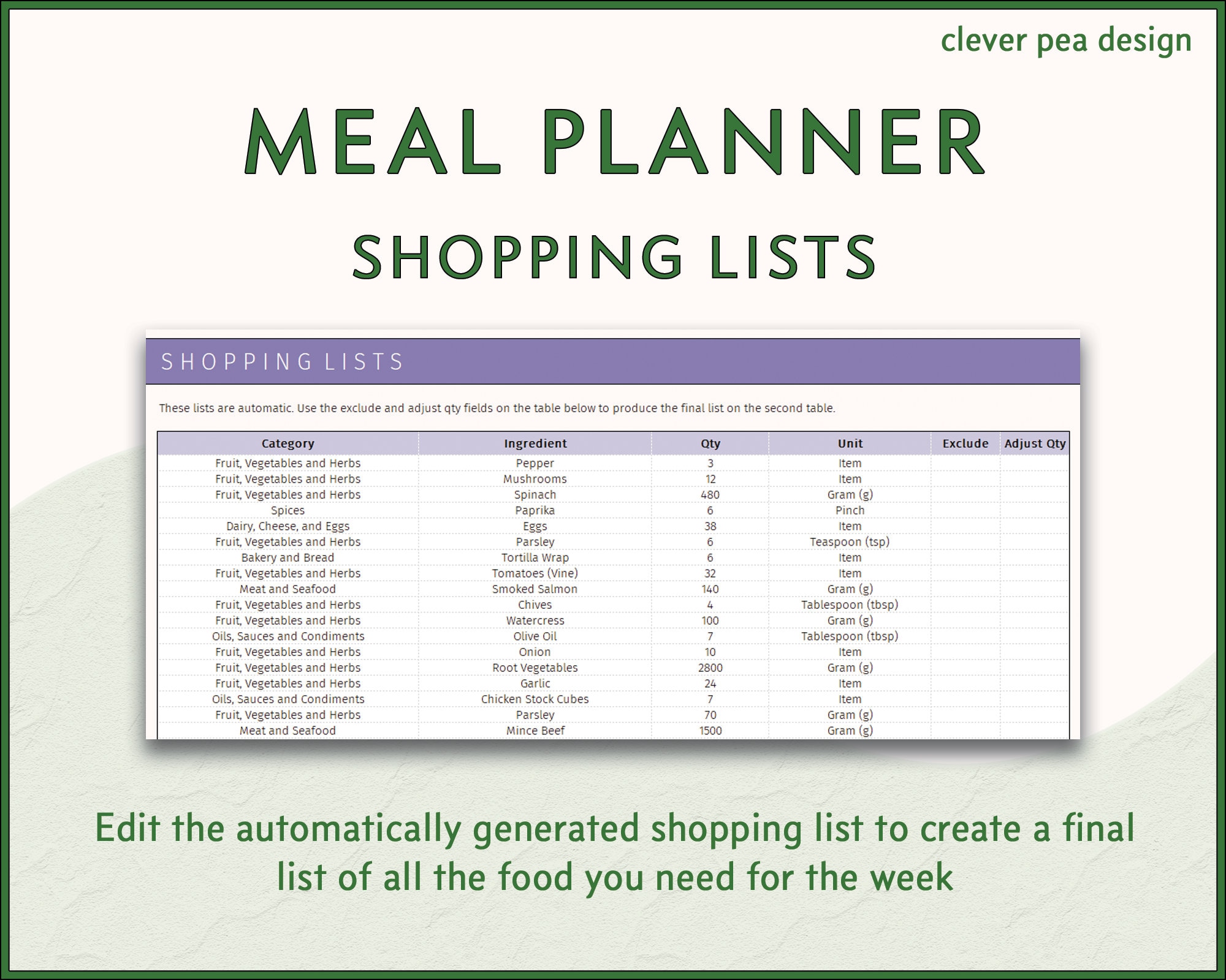 Weekly Meal Planner Excel Spreadsheet | Recipes and Automatic Shopping ...