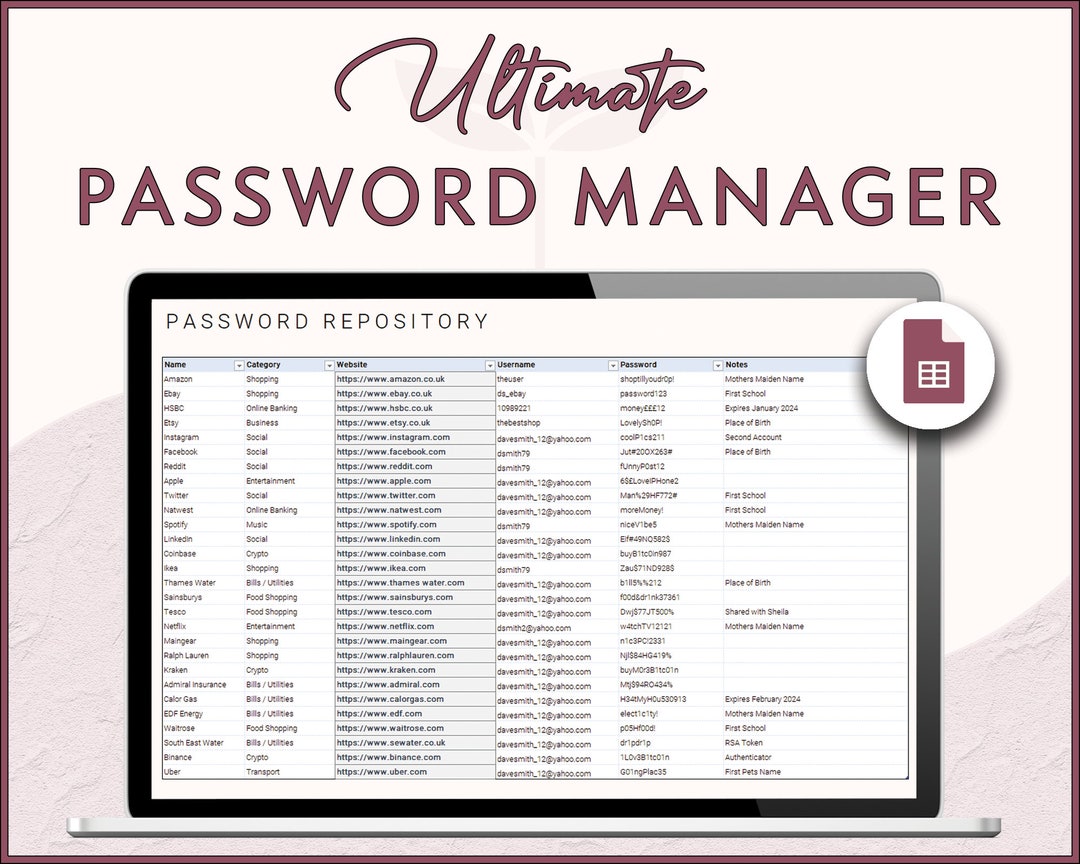 Password Tracker and Manager Google Sheets Template | Password ...