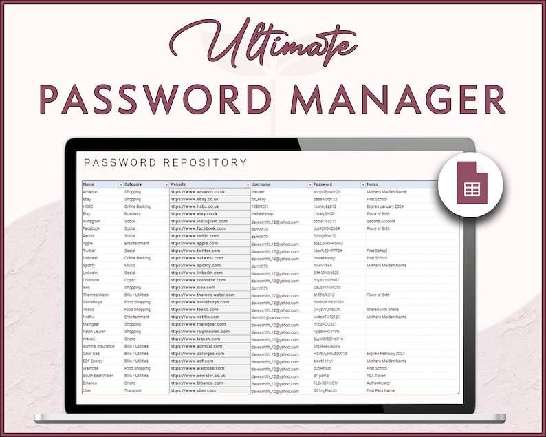 Password Tracker and Manager Google Sheets Template | Password ...