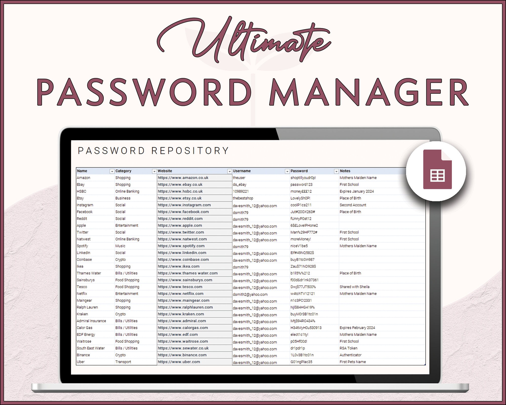 Password Tracker and Manager Google Sheets Template | Password ...