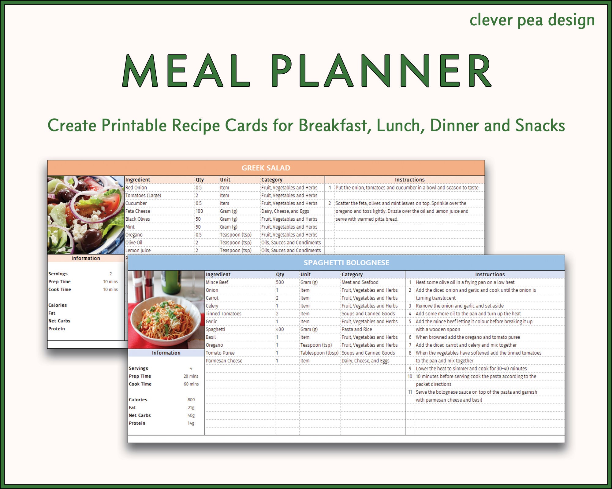 Weekly Meal Planner Excel Spreadsheet | Recipes and Automatic Shopping ...