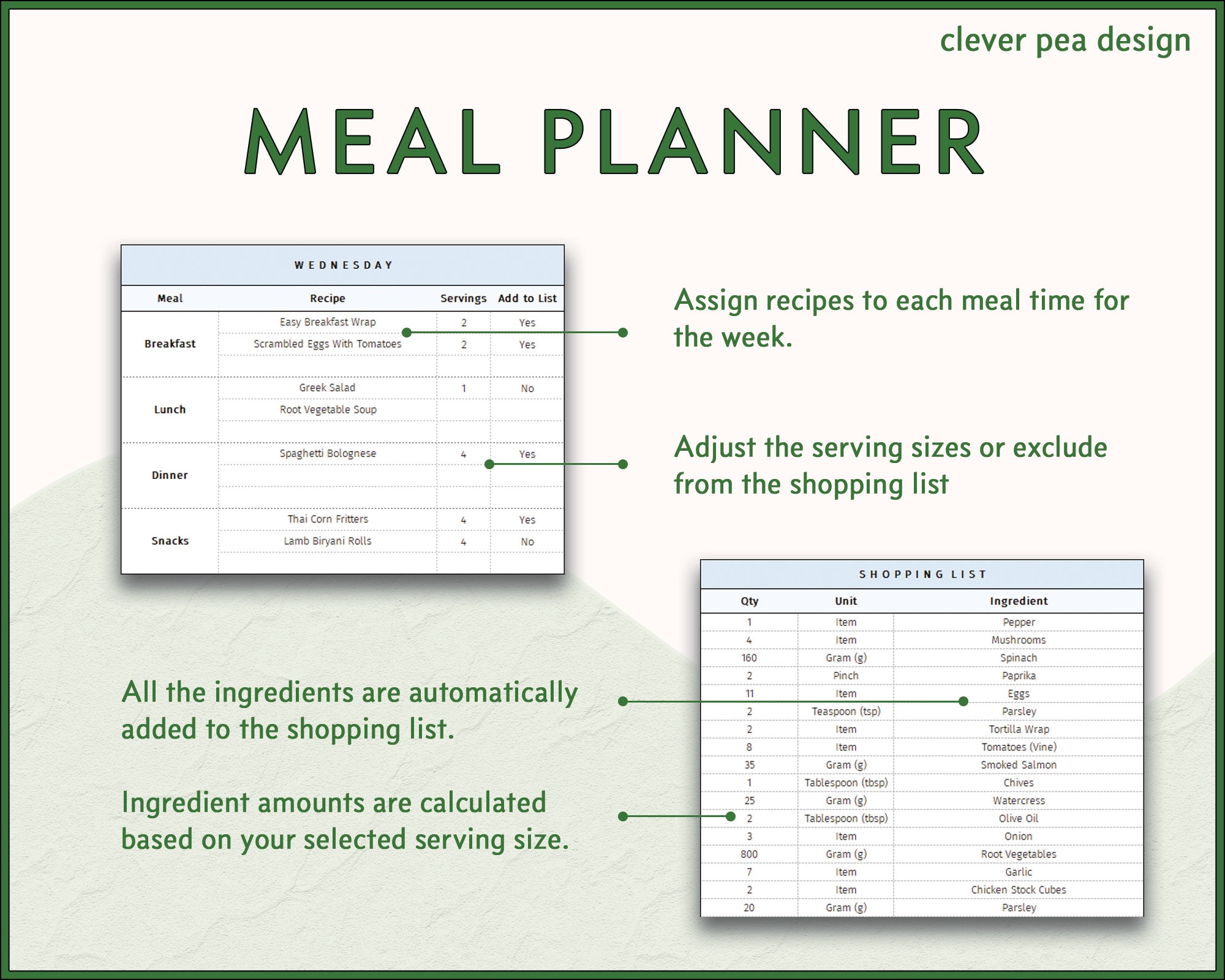 Weekly Meal Planner Excel Spreadsheet | Recipes and Automatic Shopping ...