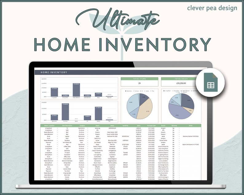 Home Inventory Spreadsheet Google Sheets Template - Etsy